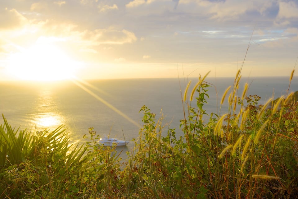 Paisagem costeira com um pôr do sol sobre o oceano, gramíneas em primeiro plano e um barco ao longe.
