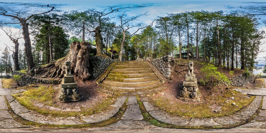 Uma escadaria de pedra que leva a um templo rodeado por árvores.
