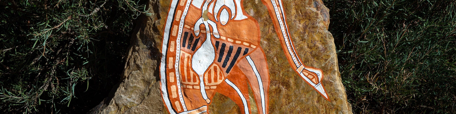 Uma rocha com pintura representando uma figura em movimento, cercada por vegetação.