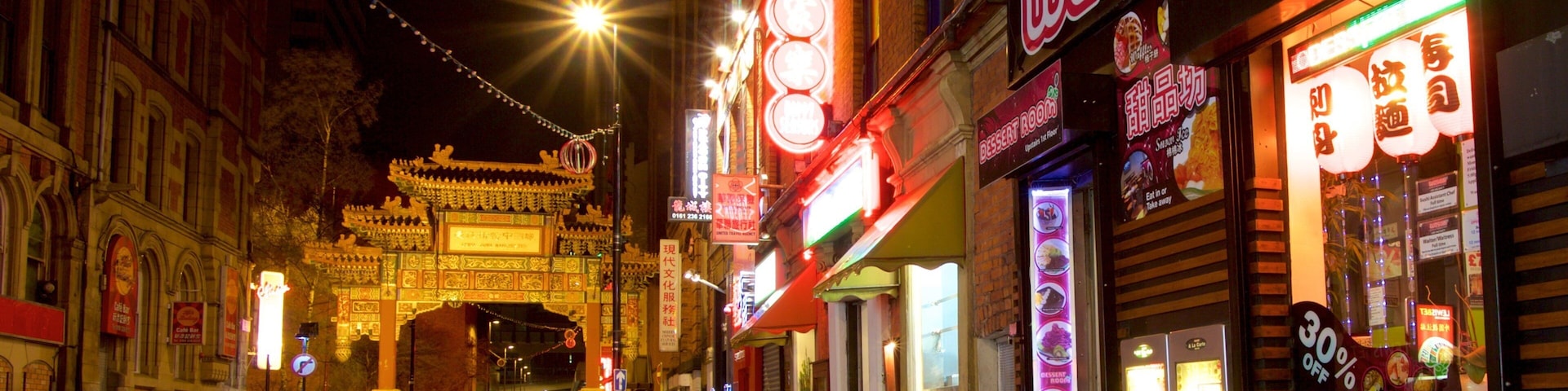 Chinatown featuring night scenes, signage and shopping