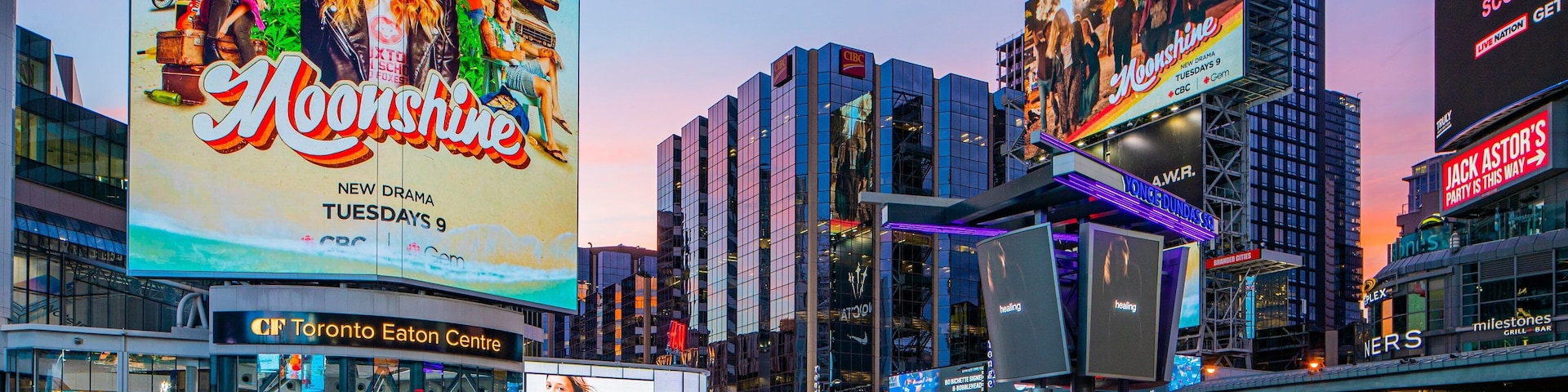 Yonge-Dundas Square featuring night scenes, a city and a square or plaza