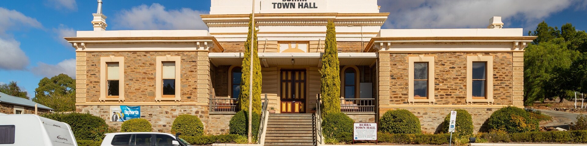Burra showing signage and an administrative buidling