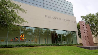 Museu de Arte Fred Jones Jr. com arquitetura moderna e fachada de vidro.