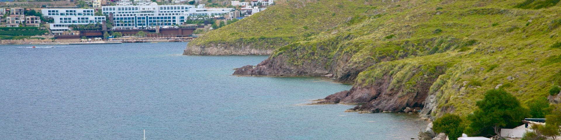 Uma vila costeira com um porto de iates, colinas verdes e edifícios ao fundo.