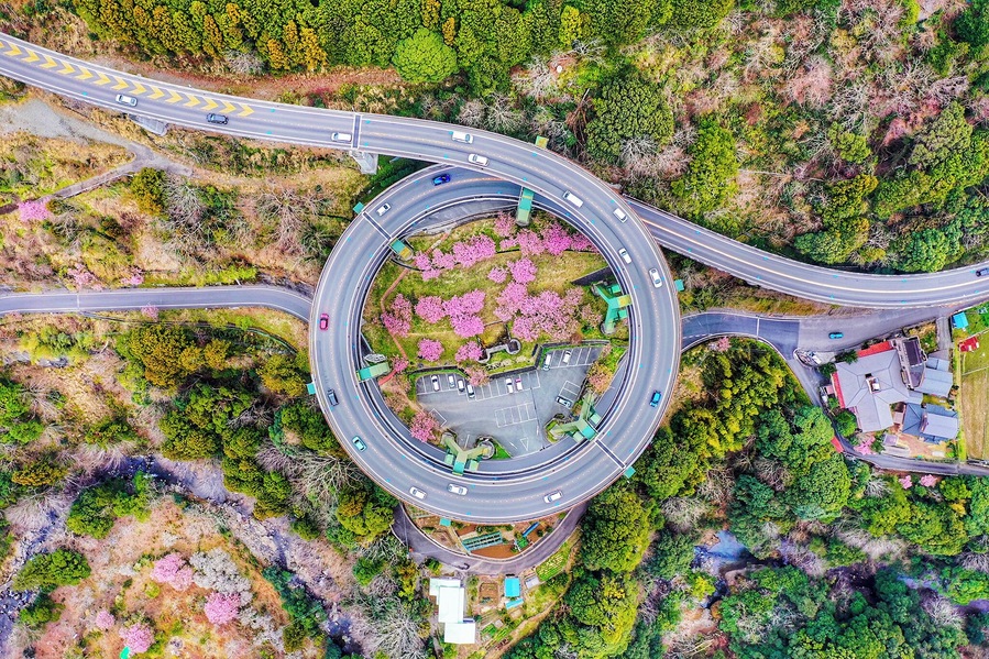 Vista aérea de uma rotatória rodeada por vegetação e árvores.
