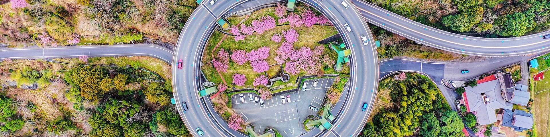 Vista aérea de uma rotatória rodeada por vegetação e árvores.