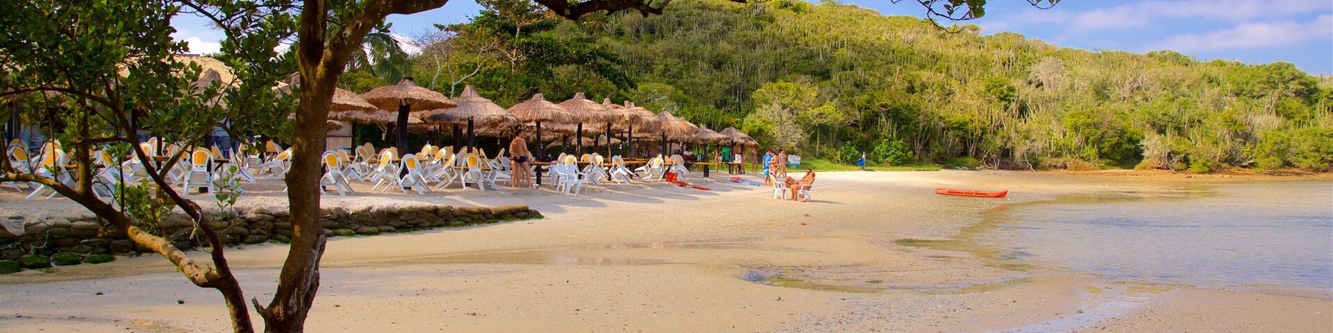 Uma praia com guarda-sóis de palha, espreguiçadeiras e um canoa.
