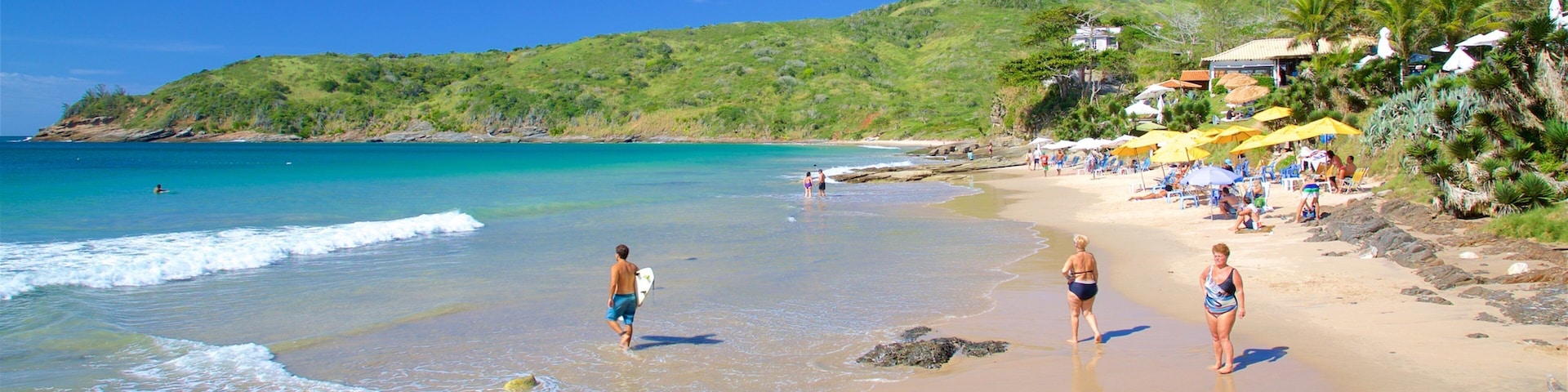 Praia Brava mostrando uma praia de areia e paisagens litorâneas assim como um pequeno grupo de pessoas