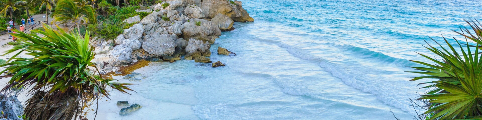 Paisagem costeira com um afloramento rochoso, palmeiras e um mar azul cristalino.