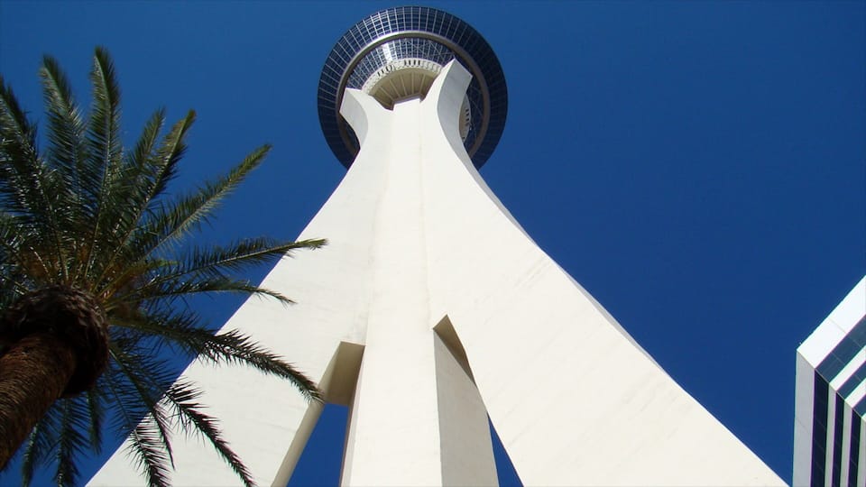 Stratosphere Tower rising against the clear blue sky in Las Vegas, Nevada during daytime in vibrant cityscape