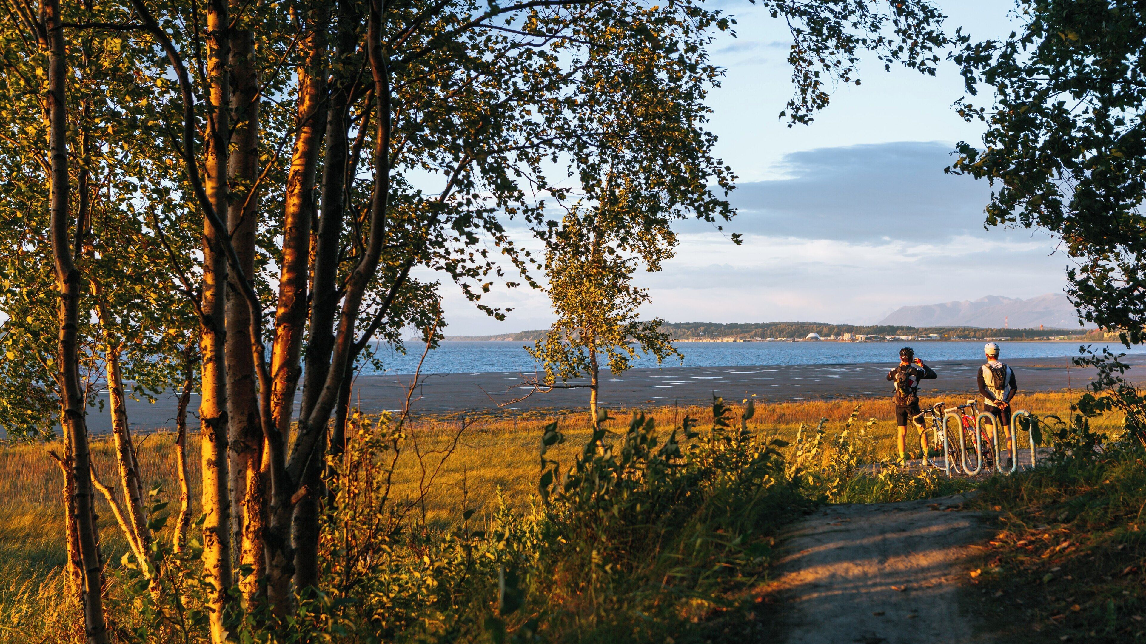 Exploring the Tony Knowles Coastal Trail in Downtown Anchorage, Alaska during a scenic sunset