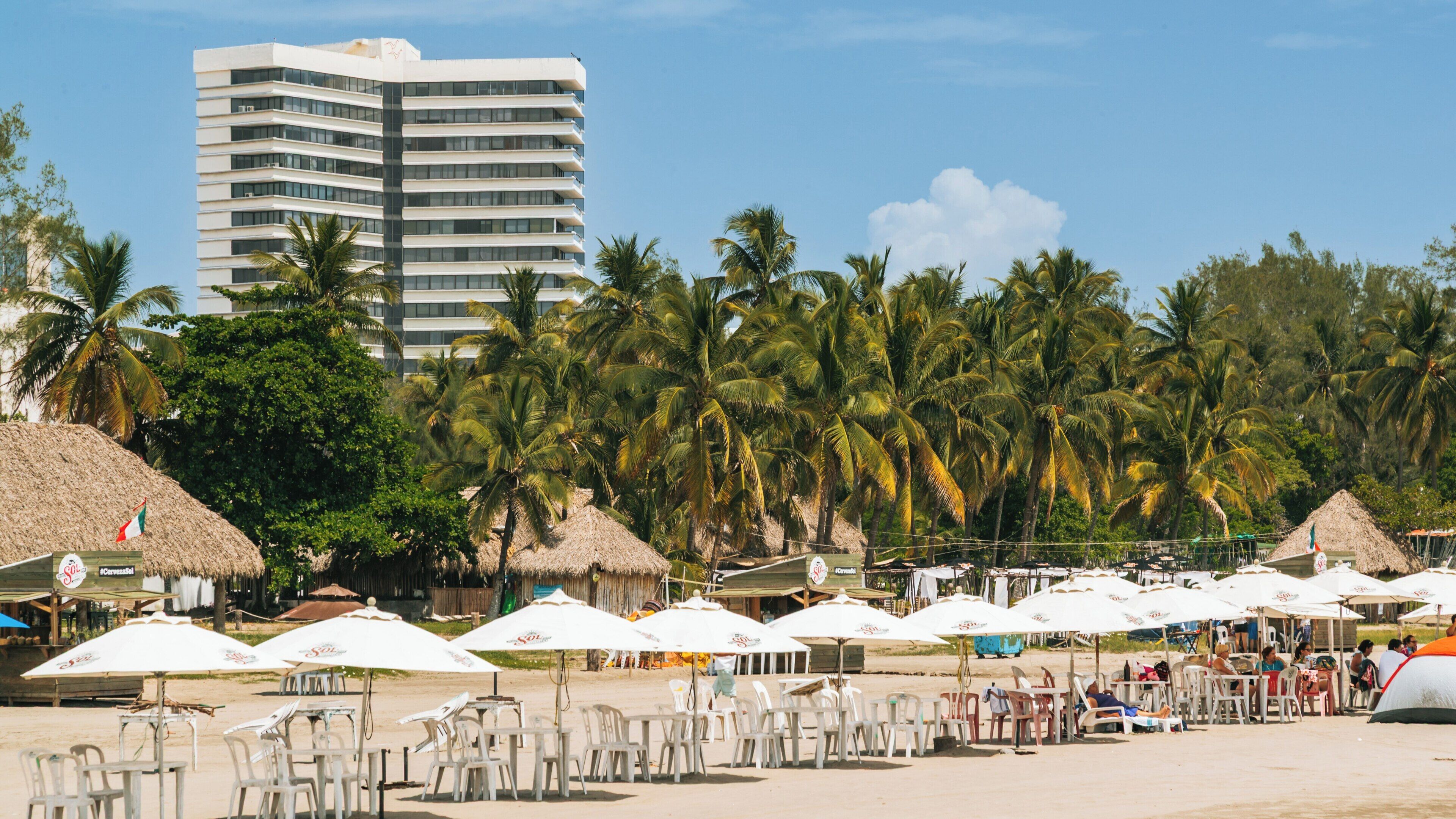 Mocambo Beach in Veracruz showcases vibrant beachfront activity with palm trees and a modern high-rise in the background on a sunny day