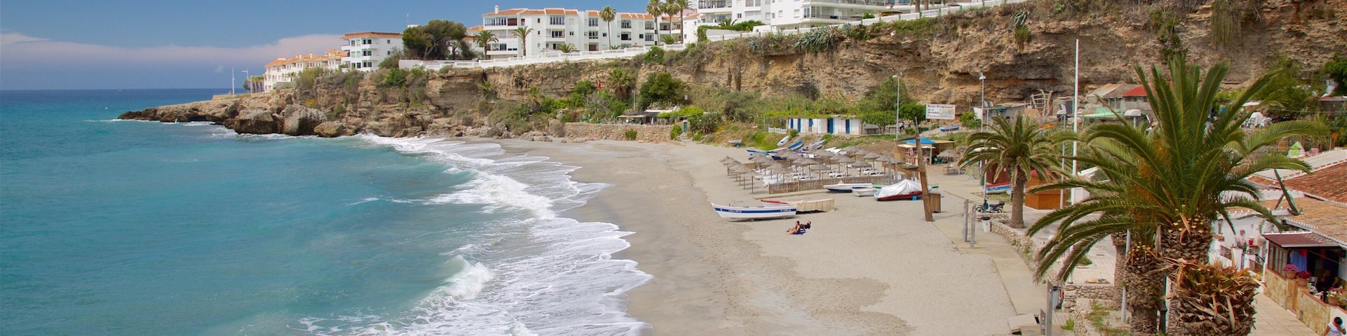 Salon Beach showing a sandy beach, a bay or harbor and a coastal town