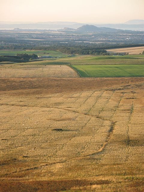 Vasta paisagem agrícola com campos de diferentes culturas, linha do horizonte de uma cidade ao longe e colinas ondulantes ao fundo.