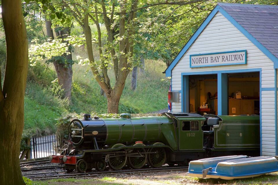Uma locomotiva a vapor verde em uma estação da North Bay Railway, cercada por árvores e um pequeno edifício com telhado azul.