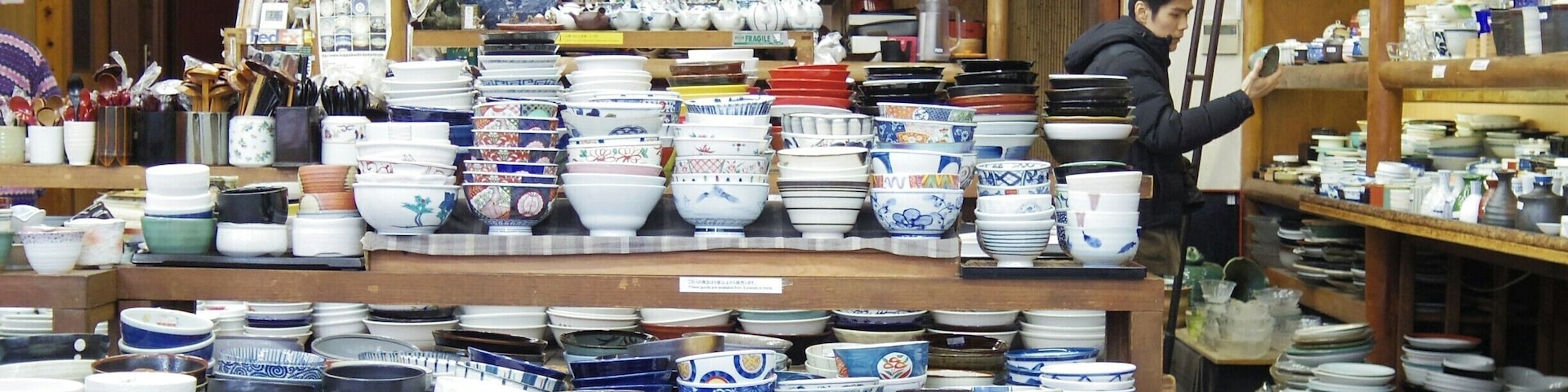 Kappabashi Dougu Street (合羽橋道具街) is the place to go if you are looking for any kind of kitchenware. There are shops along both sides of the street that sell everything from chop stick holders to picnic baskets to large chinese frying pans. Also, there are many items for sale so if you need anything kitchen related, this is the place to go!
*They also have shops that sell sushi magnets and tokyo-ish mugs, which can be great souvenirs for tourists (cheaper than buying at the airport).
More here: http://www.kappabashi.or.jp/en/index.html