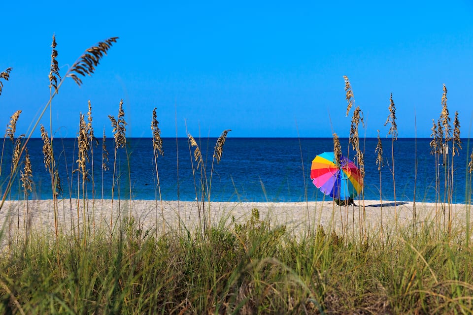 Uma praia com gramíneas altas e um guarda-sol colorido.