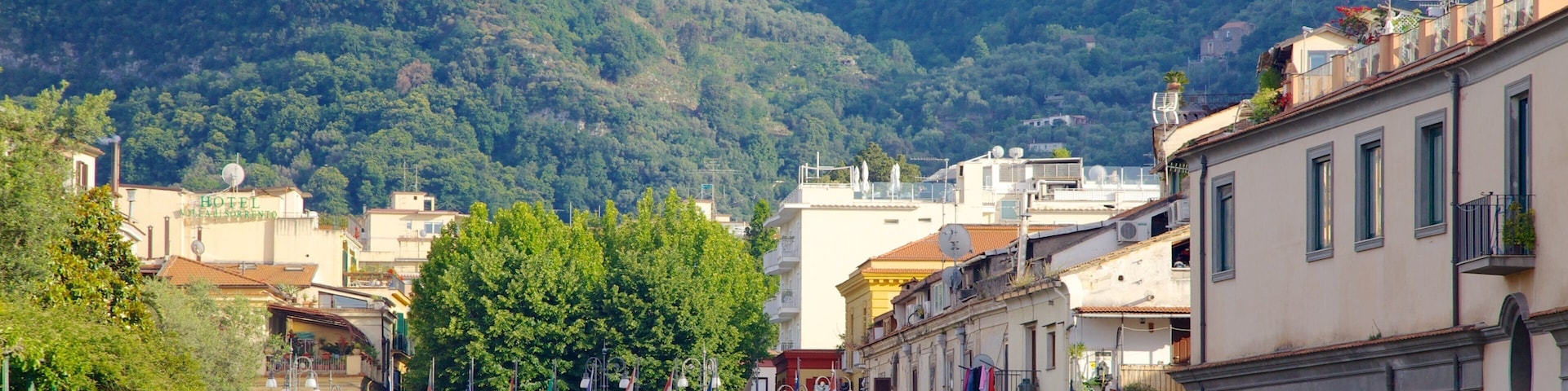 Uma vila numa encosta, com edifícios, árvores e uma estrutura imponente no topo da colina.