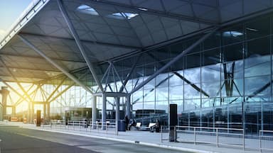 Um terminal aeroportuário moderno com fachada de vidro e estrutura de telhado metálica.