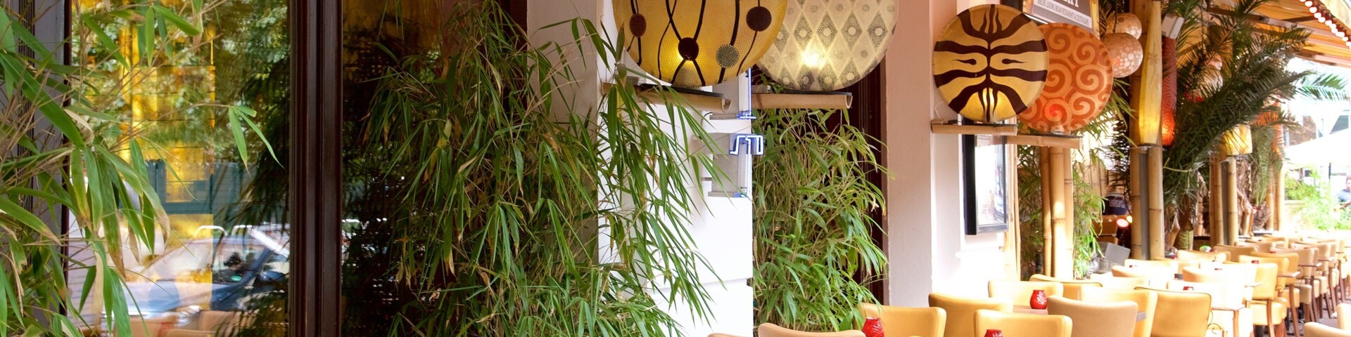 Um café ao ar livre com cadeiras e mesas amarelas, rodeado por plantas em vasos e luminárias decorativas.
