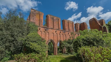 Uma construção histórica de tijolos com arcos e torres, rodeada por vegetação exuberante.