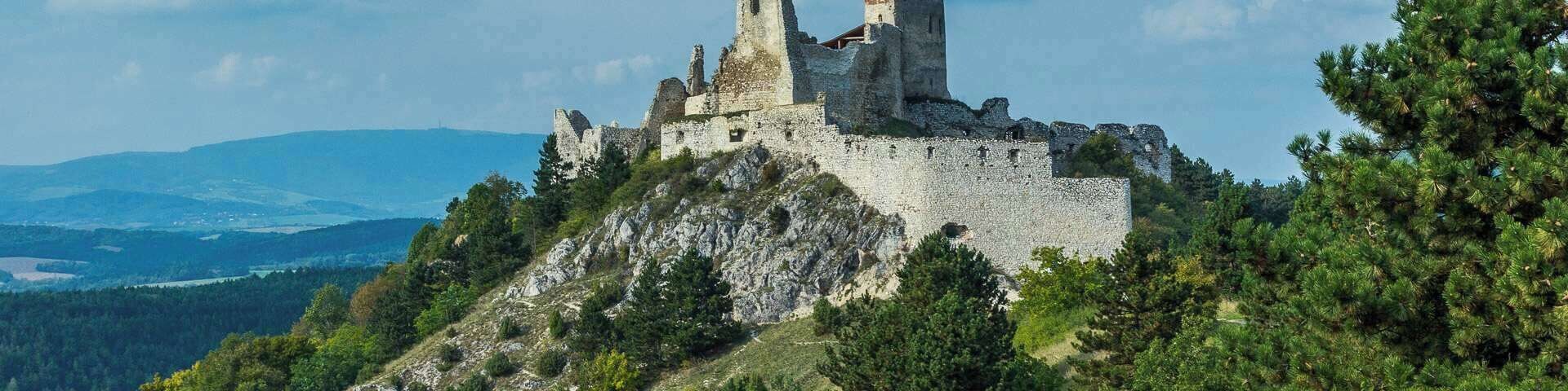 Um castelo histórico numa colina, rodeado de árvores e com um céu claro.