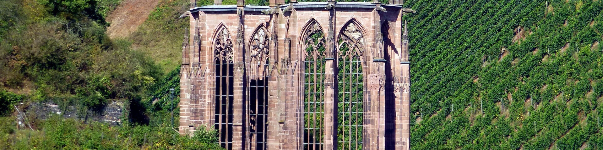 Igreja histórica com arquitetura gótica, rodeada por vinhedos.