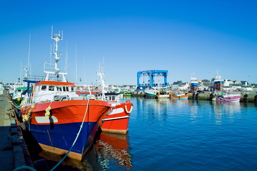 Um porto com vários barcos atracados, incluindo um barco vermelho e azul em destaque ao primeiro plano.