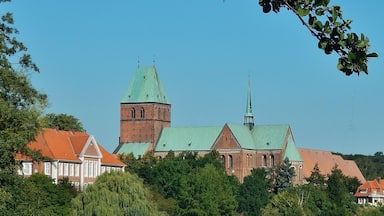 Uma igreja histórica com telhado verde e uma torre alta, rodeada por vegetação exuberante e um corpo d'água.
