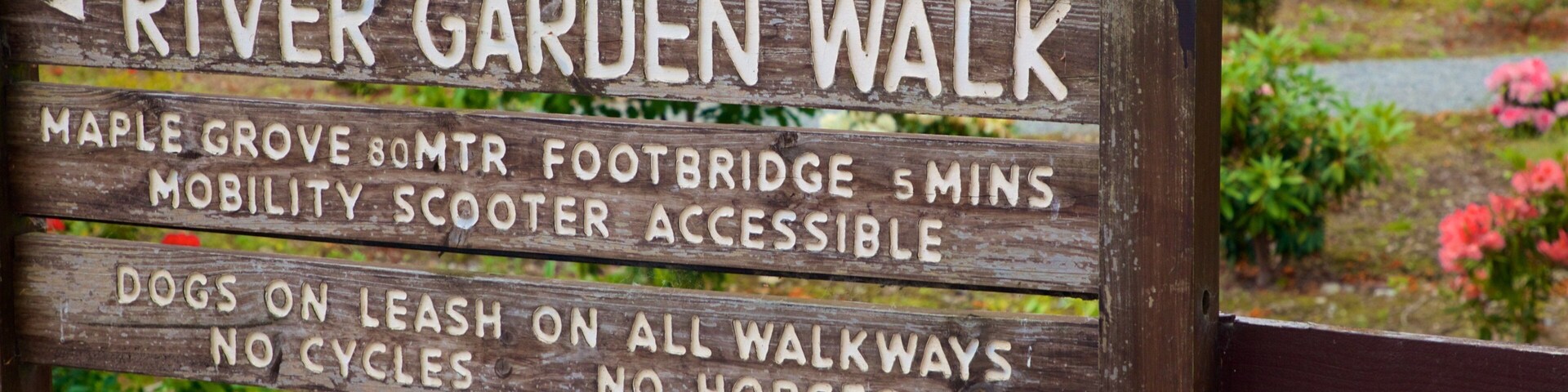 Placa de madeira para o River Garden Walk, indicando uma caminhada de 5 minutos até Maple Grove e uma ponte para pedestres. Menciona acessibilidade para scooters de mobilidade, cães na coleira e restrições para bicicletas e cavalos.