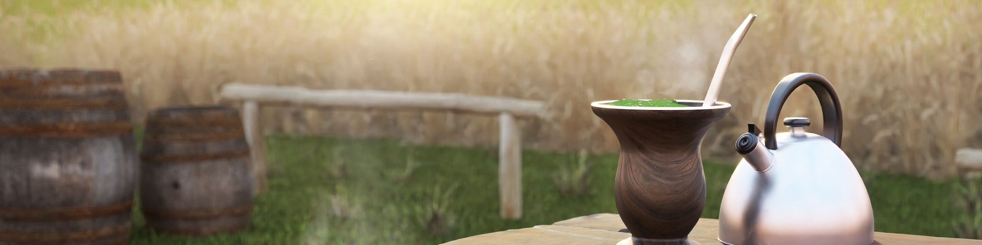 Cenário rústico ao ar livre com uma mesa de madeira, uma chaleira de metal e uma panela de barro com um líquido verde, possivelmente uma bebida, em um campo com fogueira e barris ao fundo.