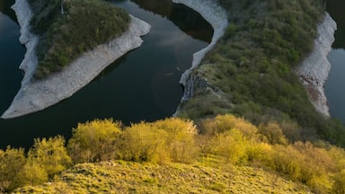 Um rio serpenteando por um cânion com penhascos íngremes e vegetação densa.