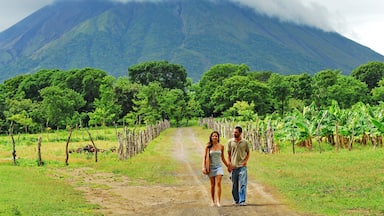 Um casal caminhando por uma trilha de terra, com bananeiras de um lado e uma montanha ao fundo.