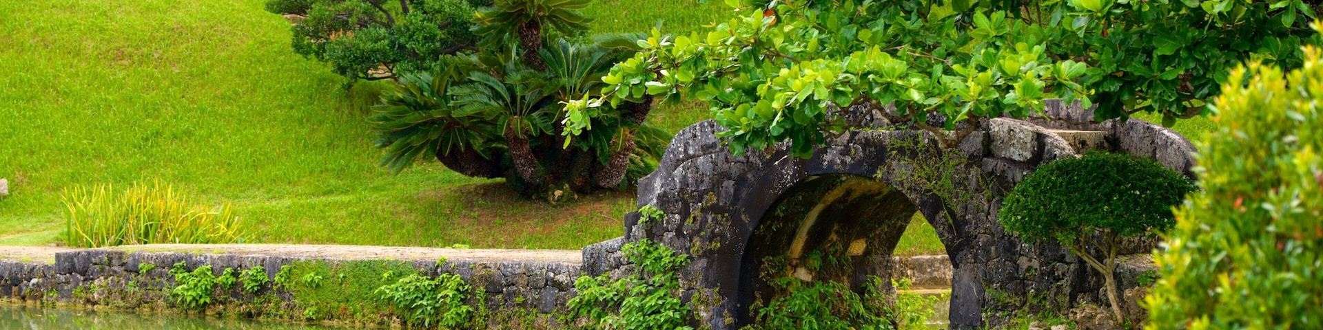 Shikinaen Garden featuring a pond, a bridge and a park