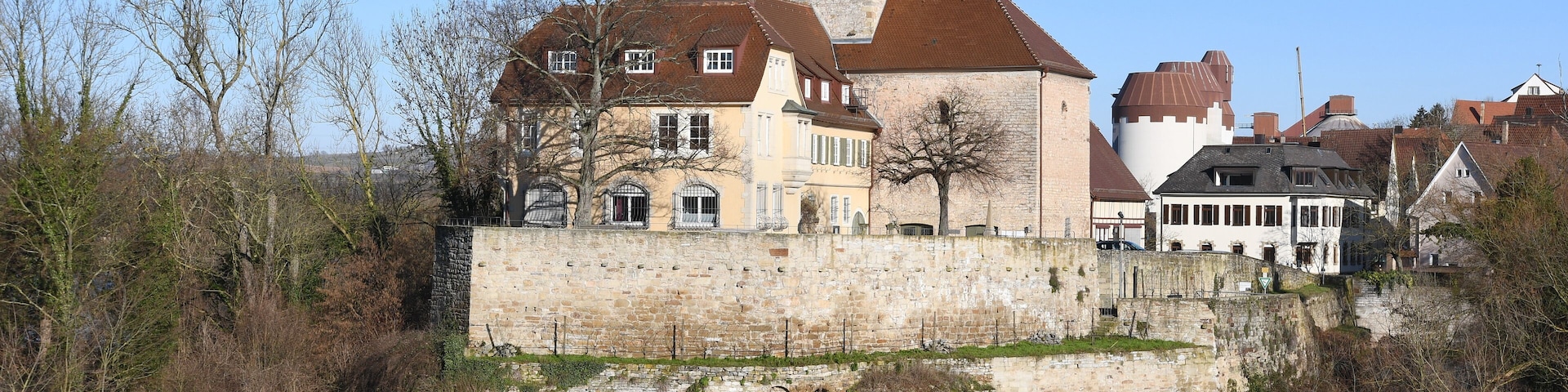 Blick auf die Grafenburg in Lauffen am Neckar vom gegenüberliegenden Neckarufer.