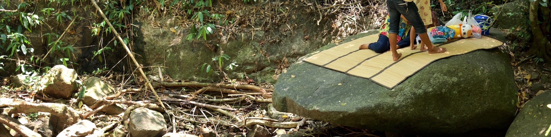 Um homem e uma criança numa rocha perto de um riacho numa área arborizada.