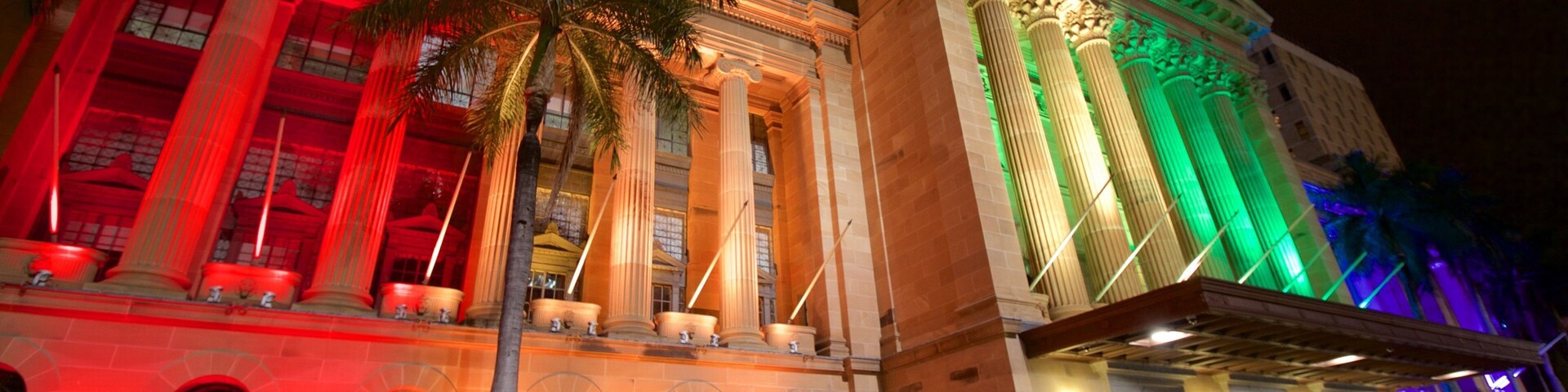 Brisbane City Hall featuring night scenes, heritage elements and heritage architecture