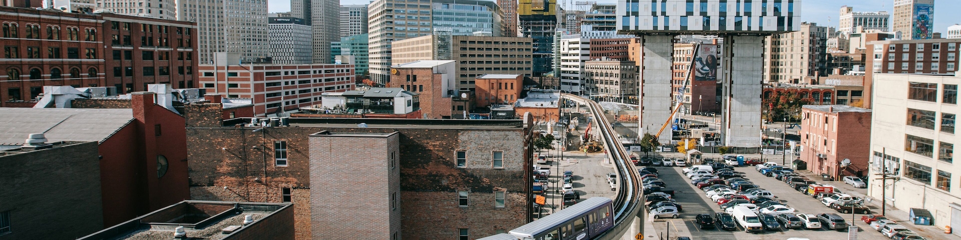 Greektown Historic District showing railway items, a city and landscape views