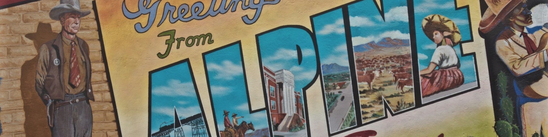 Alpine is a small town between Marfa, TX and Big Bend. It is full of small diners and great, West Texas shops. Nice street art too!