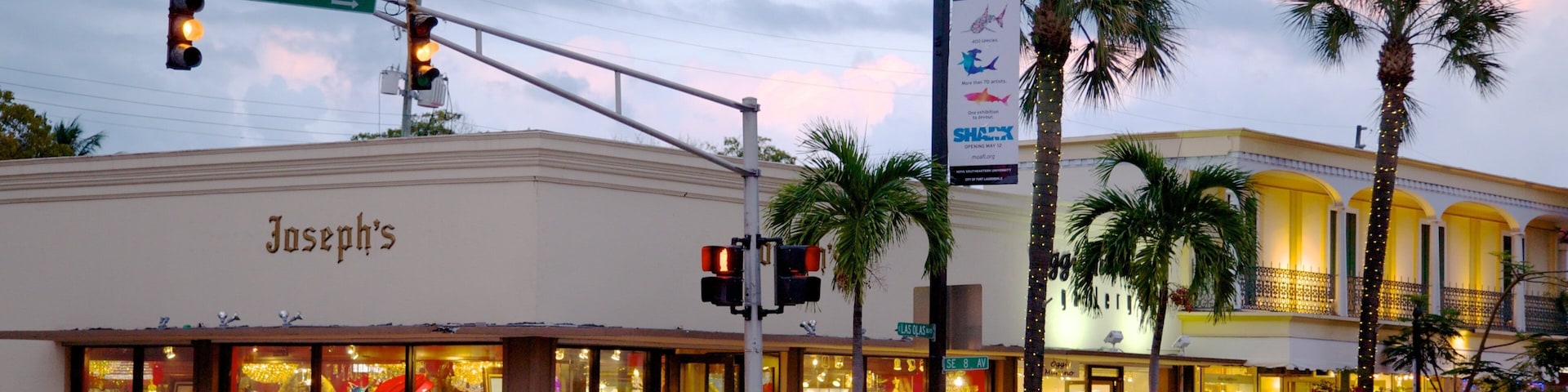 Uma esquina com uma joalheria chamada Joseph's, uma palmeira e um edifício com uma placa para o Museu de Arte.