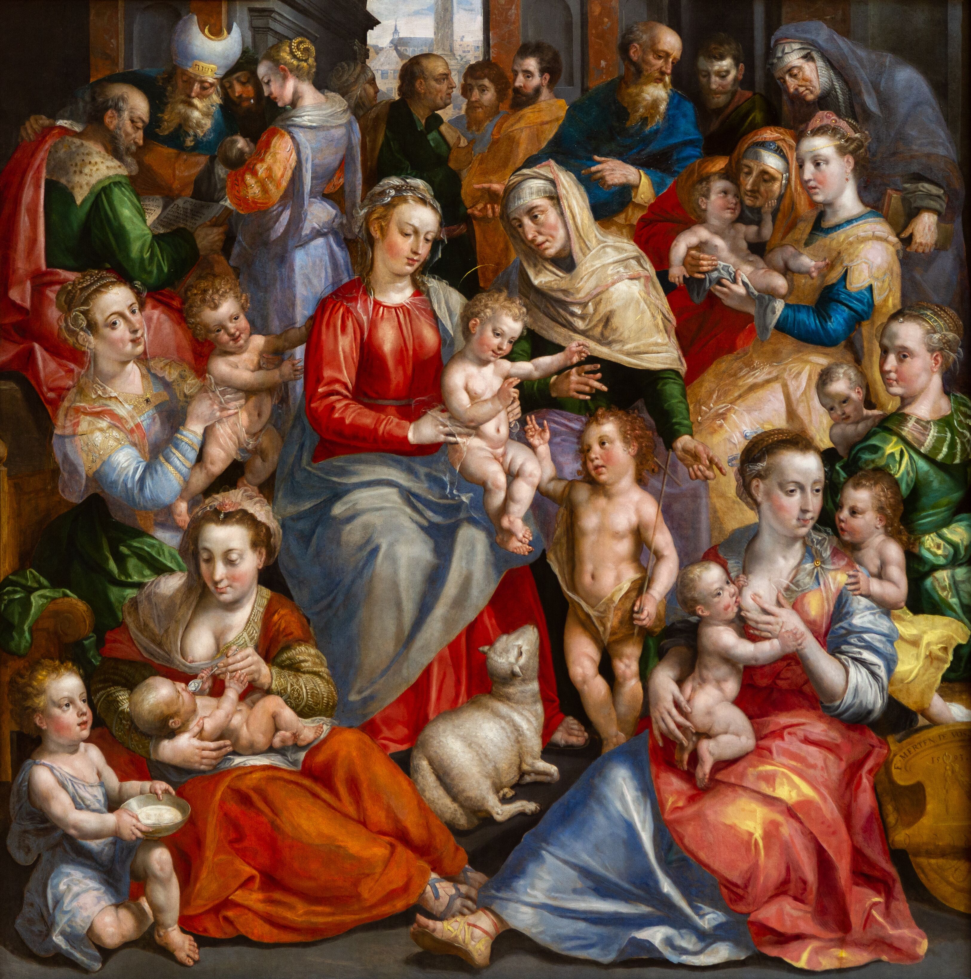 Pintura clássica com diversas figuras, incluindo uma central que segura uma criança, rodeada por outras pessoas em diferentes poses e vestimentas.