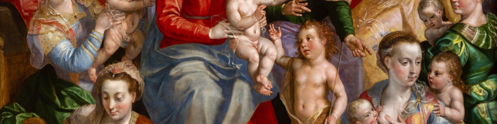 Pintura clássica com diversas figuras, incluindo uma central que segura uma criança, rodeada por outras pessoas em diferentes poses e vestimentas.