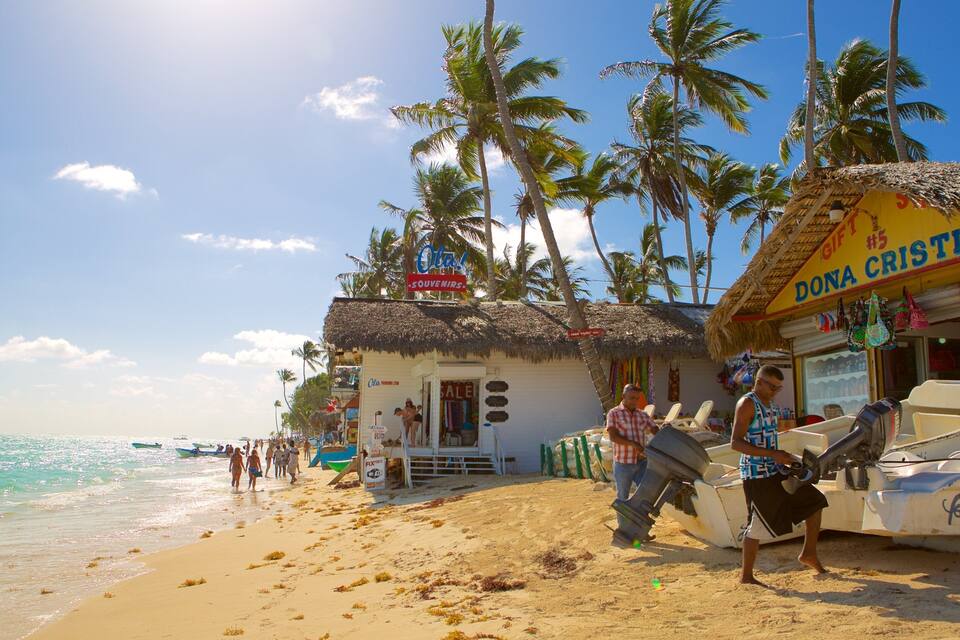Uma praia com palmeiras, uma loja com telhado de palha e um barco.