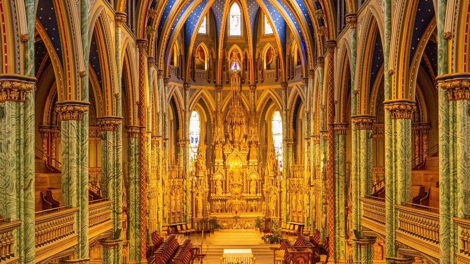 Notre-Dame Cathedral Basilica showing interior views, a church or cathedral and heritage elements
