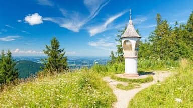 Uma torre branca com telhado pontiagudo e uma cruz no topo, rodeada por vegetação e um céu azul límpido.