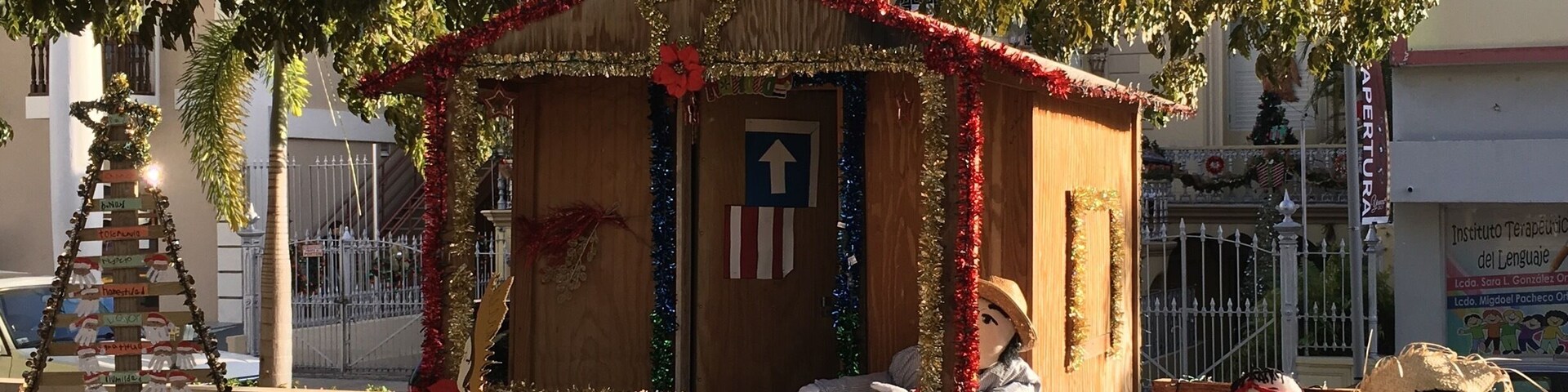 Central plaza decorated for Christmas.