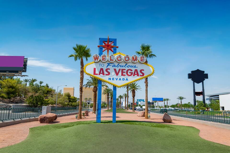 O icônico letreiro 'Welcome to Fabulous Las Vegas Nevada' com palmeiras e um céu azul límpido.