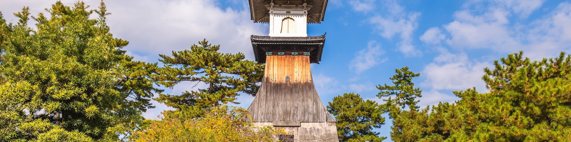 Uma pagoda tradicional com base de madeira e telhado de telhas, rodeada por árvores e um céu claro.