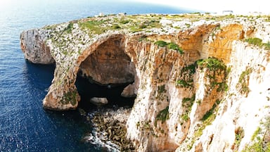 Falésia costeira com entrada de caverna, linha costeira rochosa e vegetação rala.