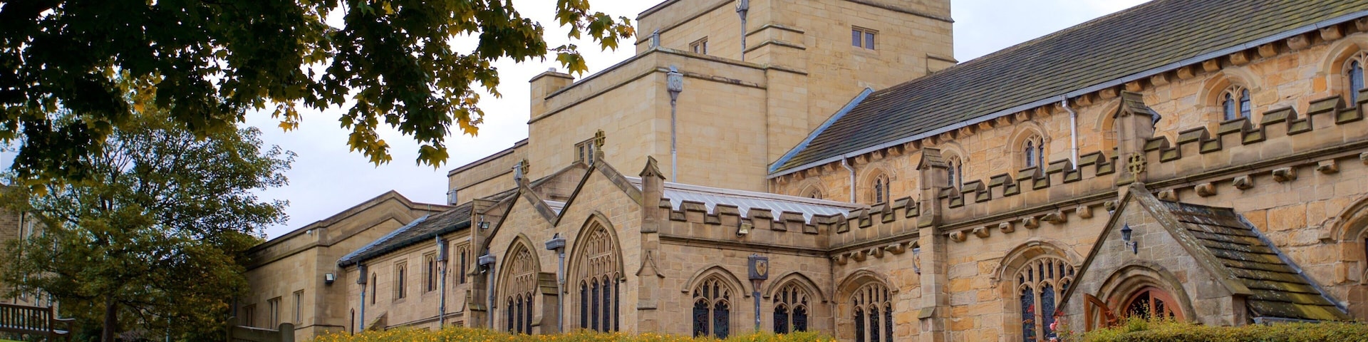Bradford Cathedral which includes a park and heritage architecture